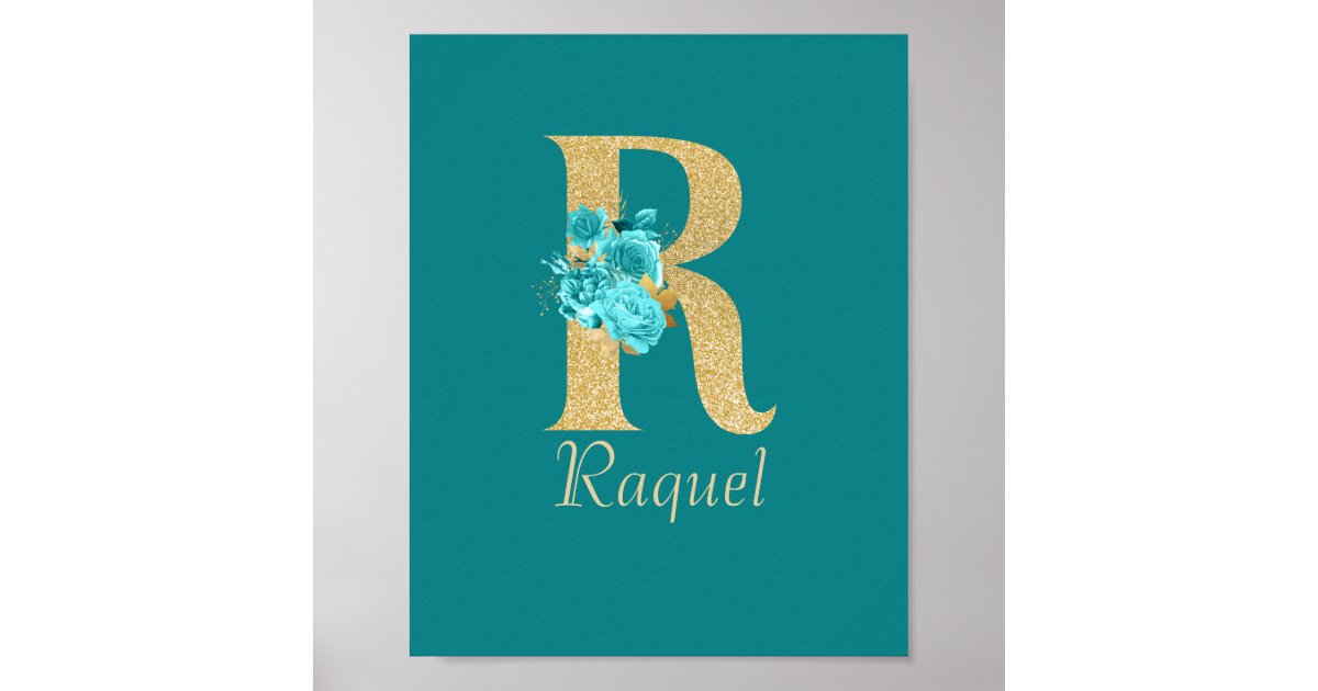 Fancy Gold & Aqua Floral Letter R Poster | Zazzle