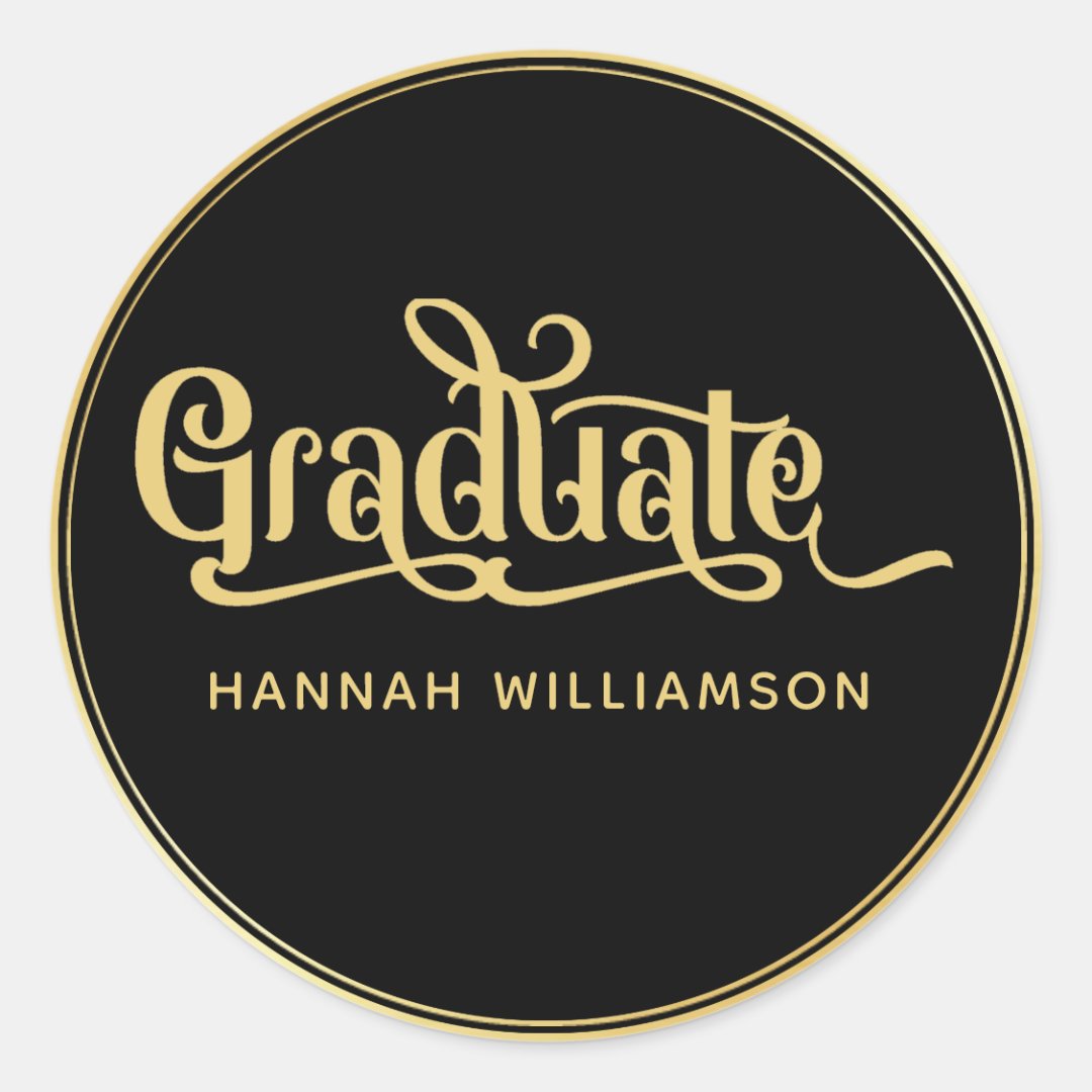 Fancy Gold Calligraphy on Black Graduation Classic Round Sticker | Zazzle