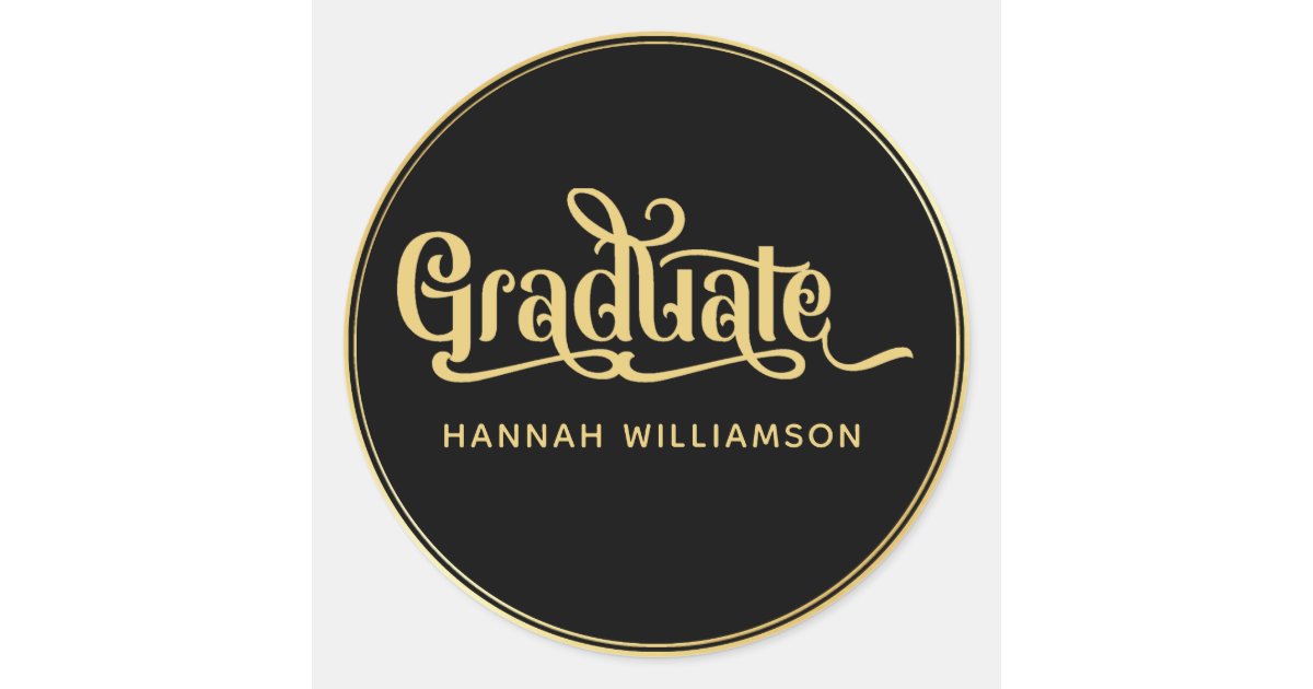 Fancy Gold Calligraphy on Black Graduation Classic Round Sticker | Zazzle