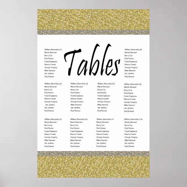 Fancy Gold Silver Glitter Design Seating Chart | Zazzle