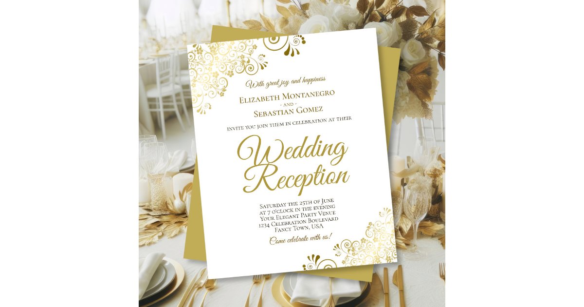 Fancy Gold & White Wedding Reception BUDGET Invite | Zazzle