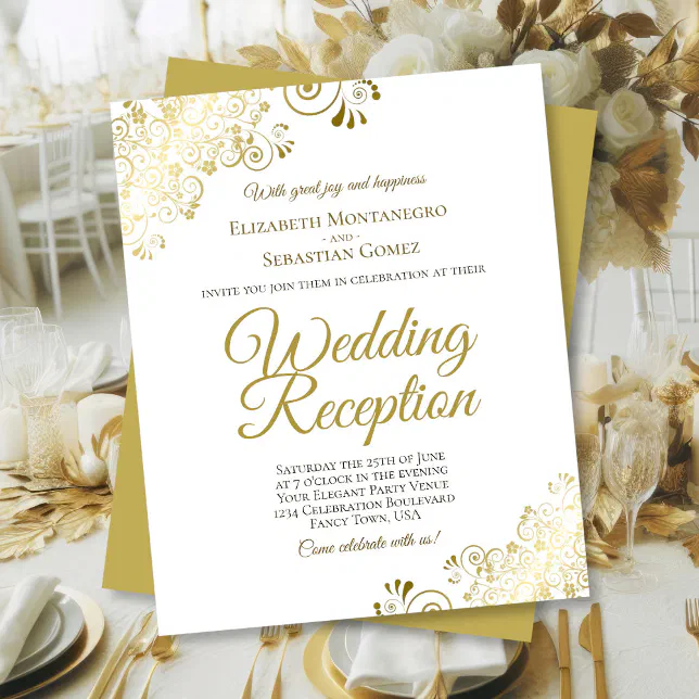 Fancy Gold & White Wedding Reception BUDGET Invite | Zazzle
