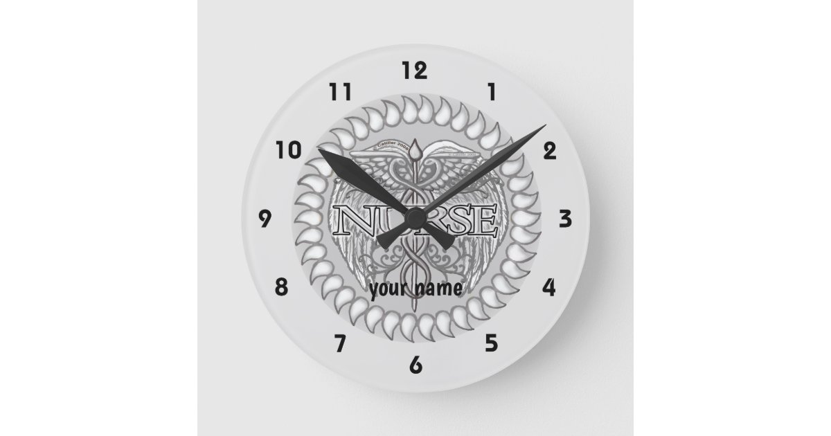 Fancy gray caduceus nurse round clock | Zazzle