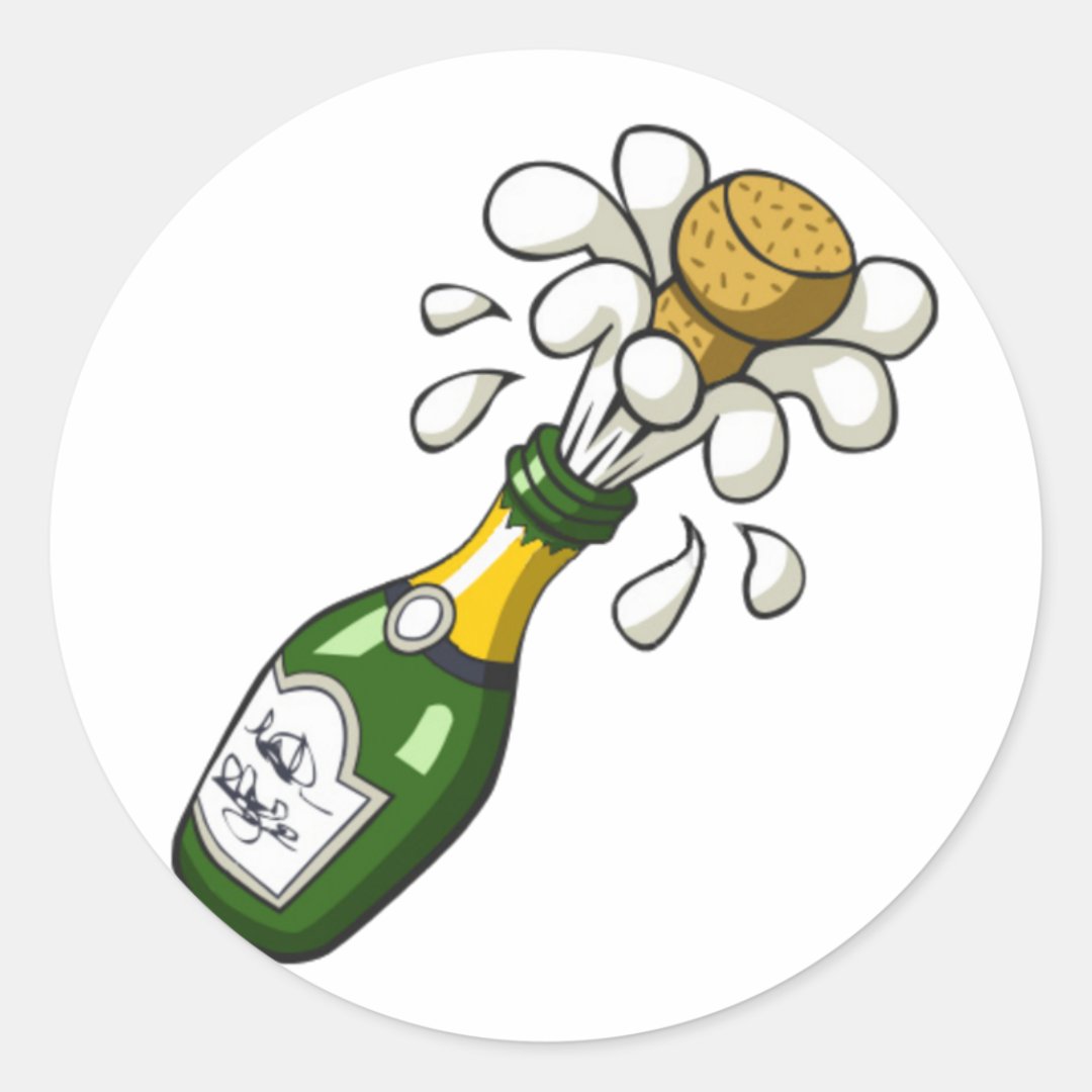 Fancy Green Cartoon Champagne Bottle Popping Cork Classic Round Sticker ...