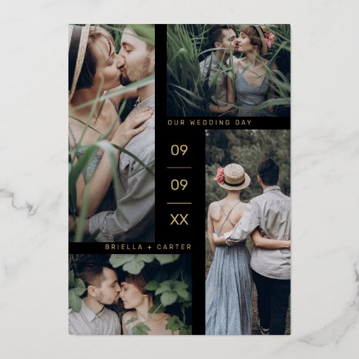 Fancy Minimal Modern 4 Photos Collage Wedding Foil Invitation | Zazzle