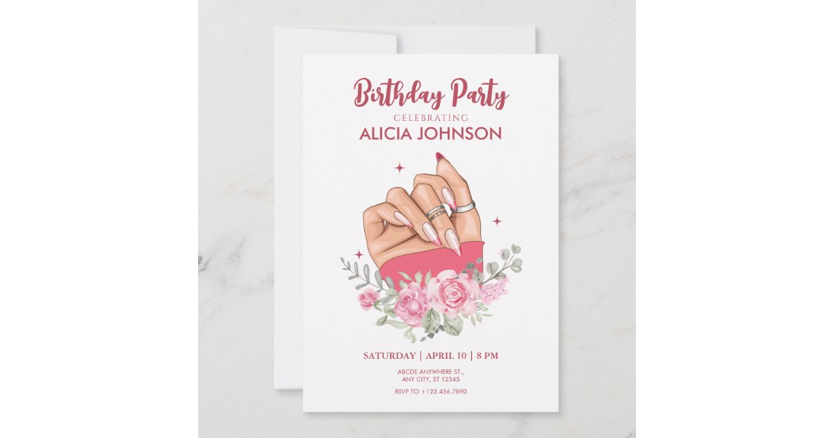 Fancy nail art floral Birthday Party Invitation | Zazzle