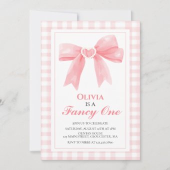 Fancy One Pink Bow preppy Coquette 1st birthday Invitation | Zazzle