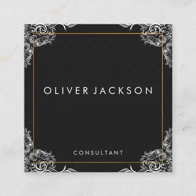 Fancy Pattern Gold Border Square Business Card | Zazzle