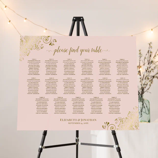 Fancy Pink & Gold 17 Table Wedding Seating Chart Foam Board | Zazzle