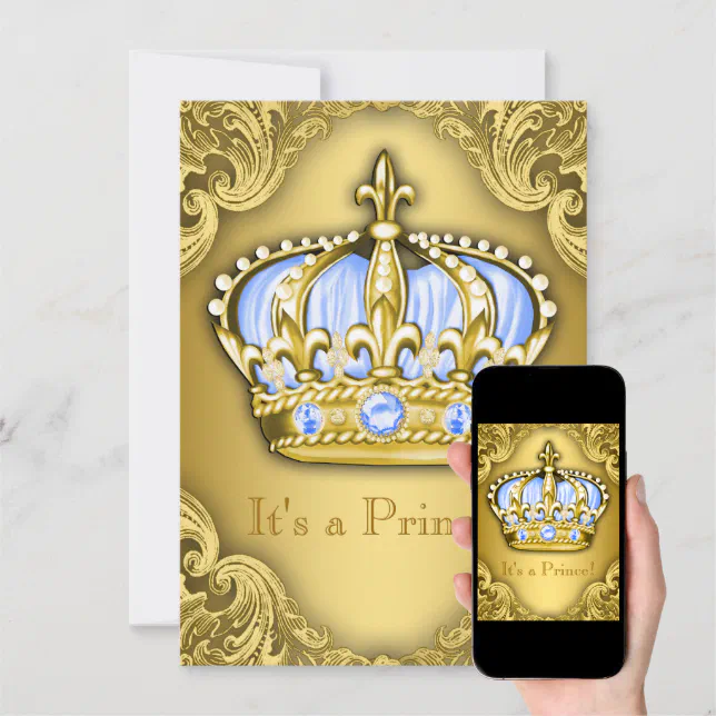 Fancy Prince Baby Shower Baby Blue Gold Invitation | Zazzle