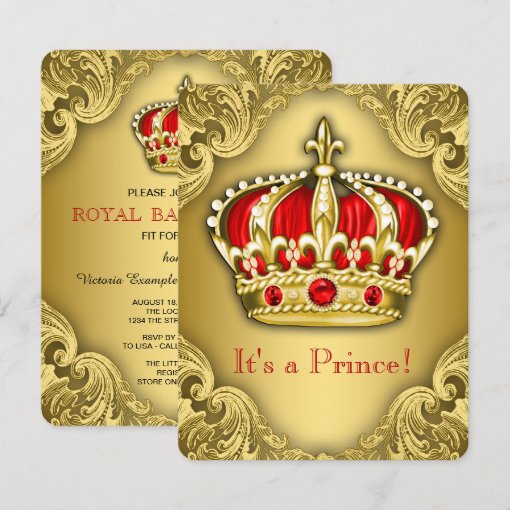 Fancy Prince Baby Shower Red and Gold Invitation | Zazzle
