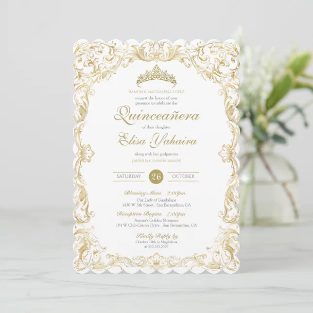 Fancy Regal White Gold Elegant Quinceanera Invitation | Zazzle