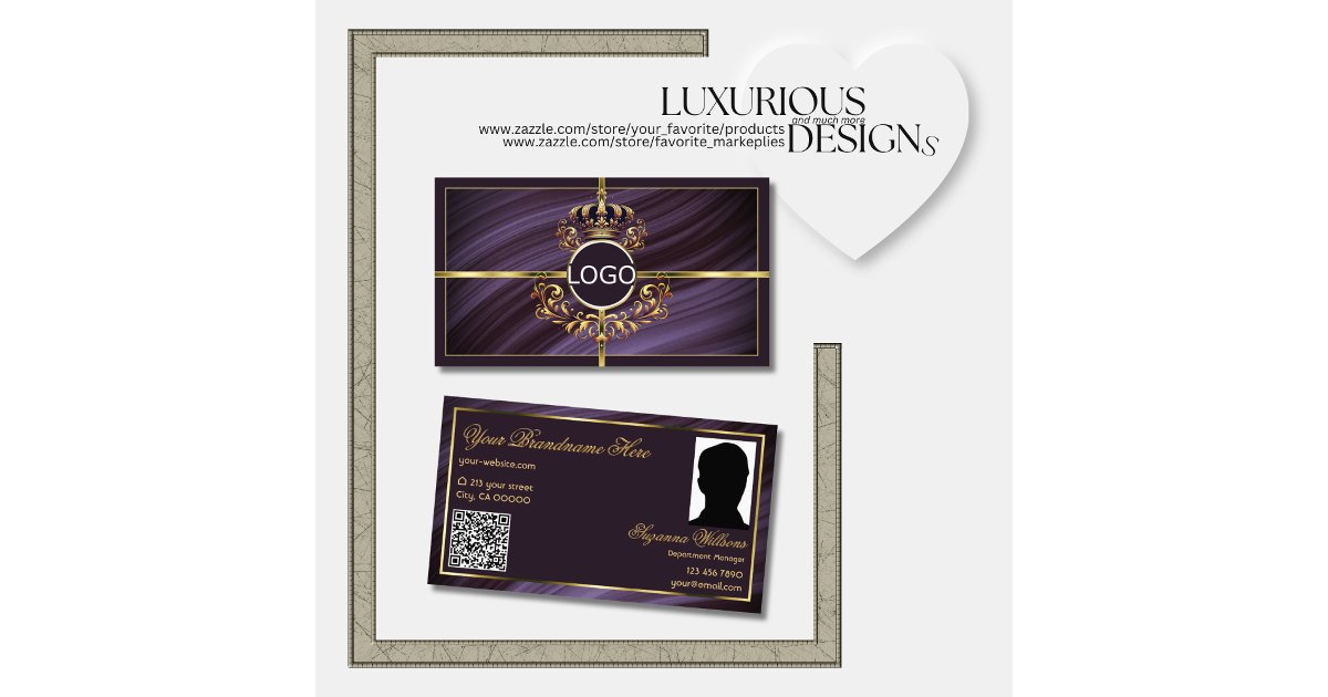 Fancy Royal Purple Gold Crown Logo Photo QR Code Business Card | Zazzle