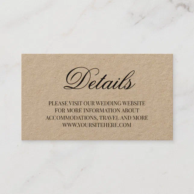 Fancy Script Calligraphy Wedding Details Kraft Business Card | Zazzle