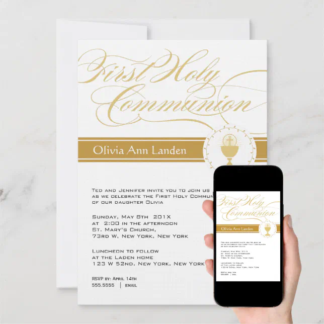 Fancy Script First Communion Invitations | Gold | Zazzle