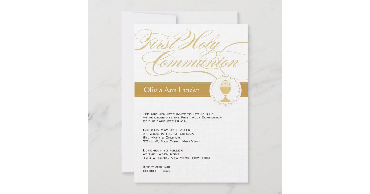 Fancy Script First Communion Invitations | Gold | Zazzle