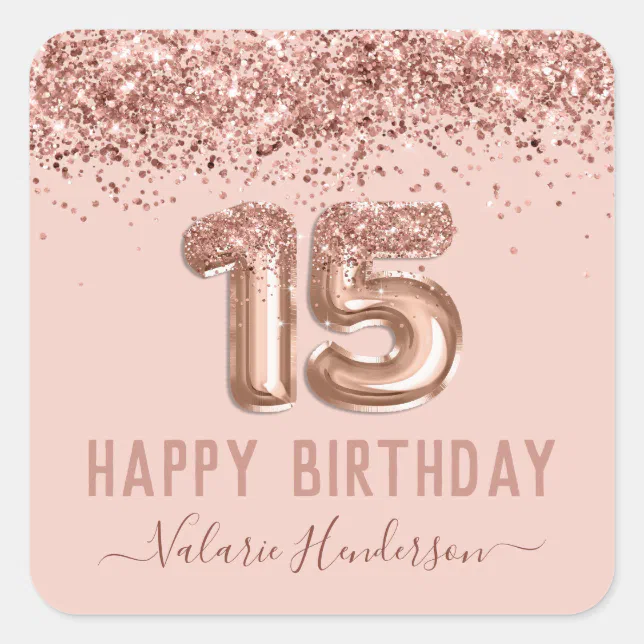 Fancy Script Pink Glitter Happy 15th Birthday Square Sticker | Zazzle