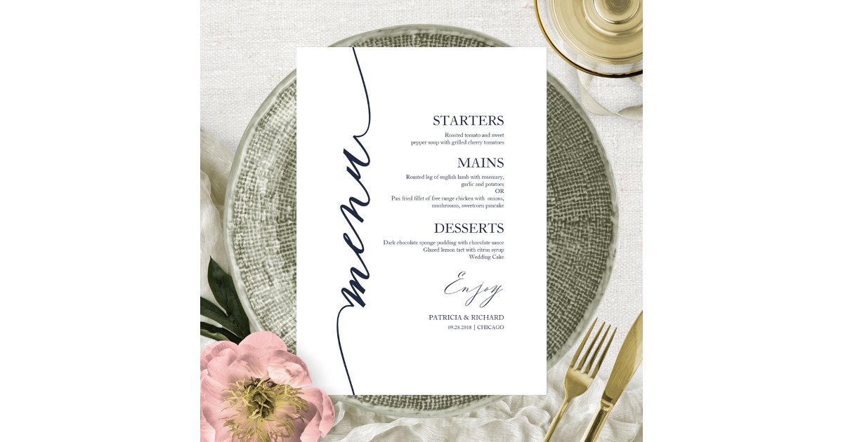 Fancy Script Wedding Menu Card For Plate | Zazzle