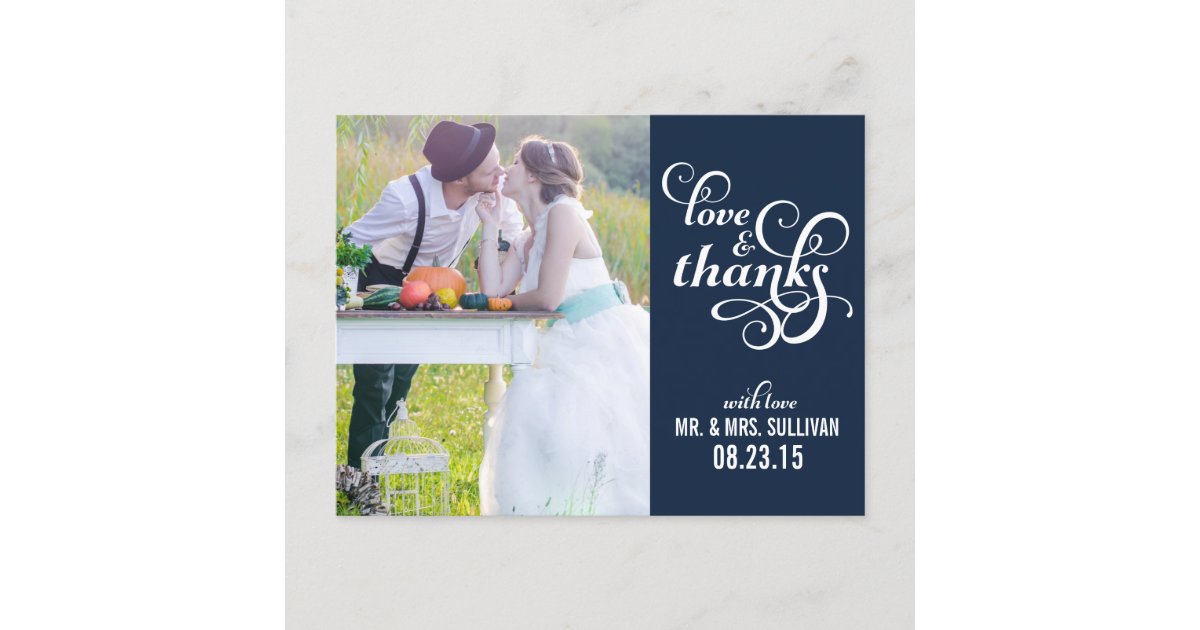 Fancy Script Wedding Thank You Postcard | Navy | Zazzle