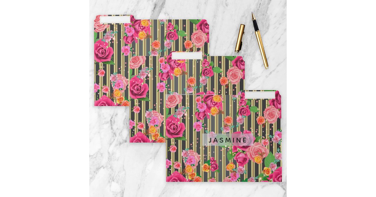 Fancy Stylish Chic Roses On Gold and Black Stripes File Folder | Zazzle
