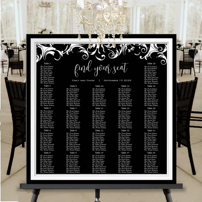 Fancy Swirl Black Damask Reception Seating Chart | Zazzle