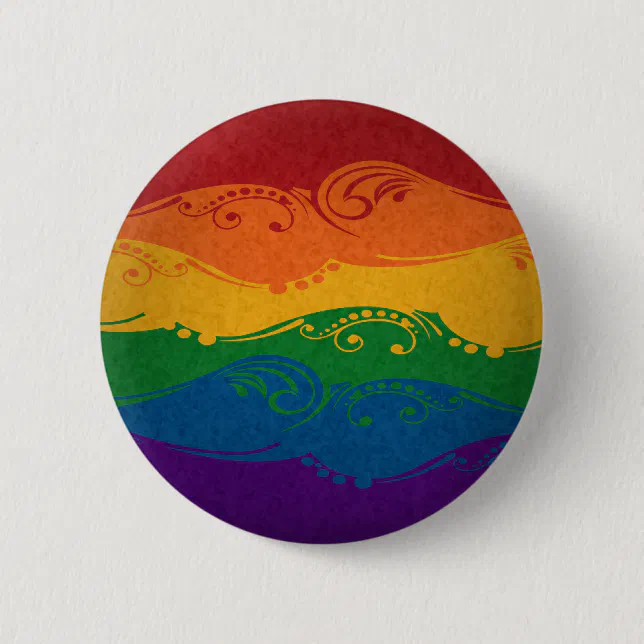 Fancy Swooped and Swirled LGBTQ Pride Rainbow Flag Button | Zazzle