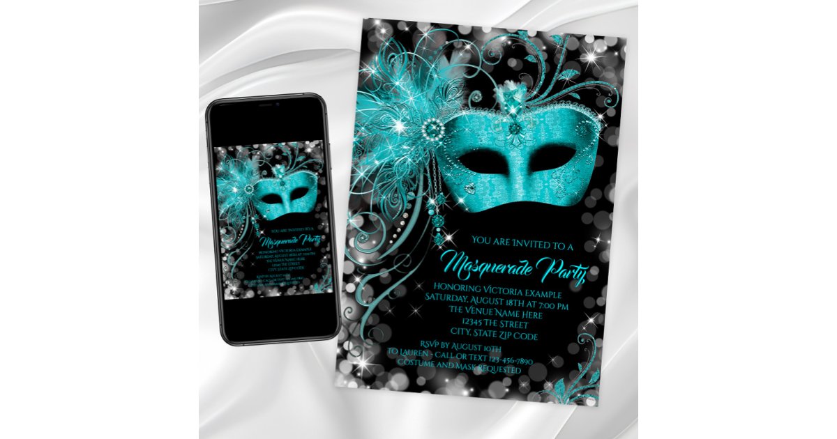 Fancy Teal Blue Glitter Masquerade Party Invitation | Zazzle