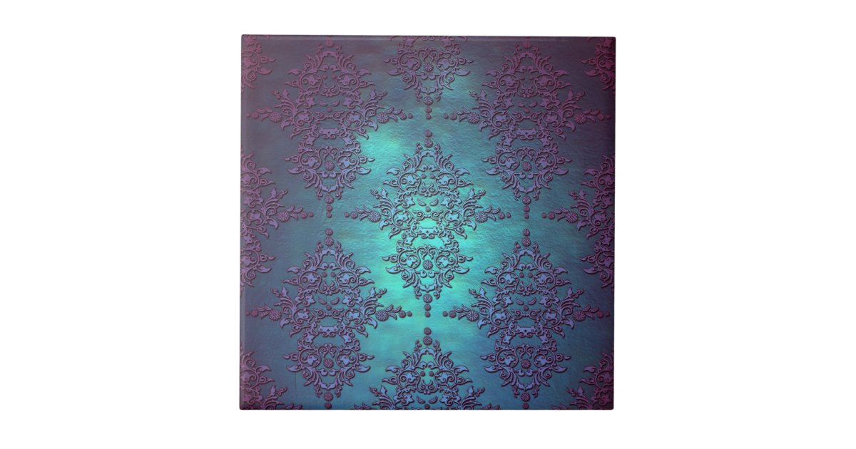 Fancy Teal to Purple Damask Pattern Ceramic Tile | Zazzle
