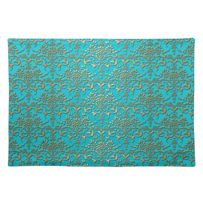 Fancy Turquoise Gold Damask Pattern Cloth Placemat | Zazzle.com