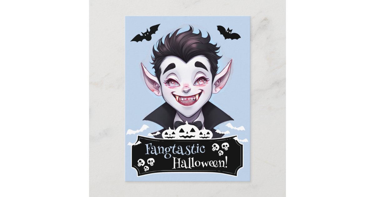 Fangtastic Halloween Smiling Vampire With Bats Postcard | Zazzle