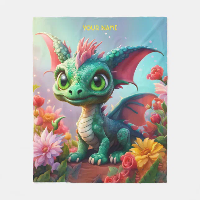 Fantasy Cute Baby Dragon Flowers Fleece Blanket | Zazzle