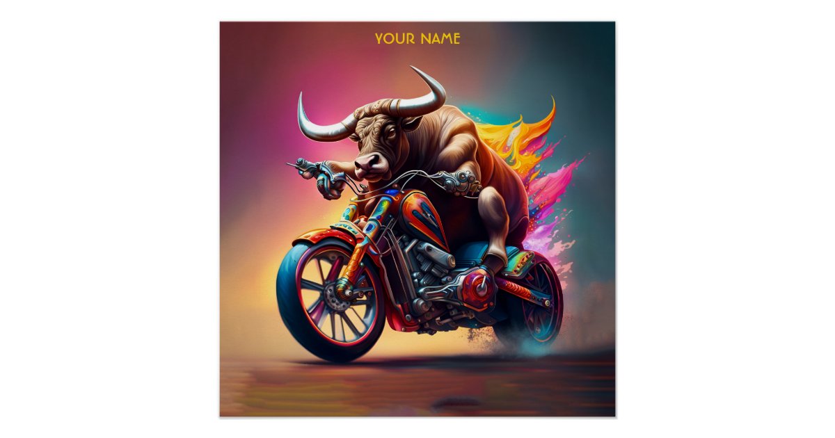 Fantasy Cute Bull Riding Bike Poster | Zazzle