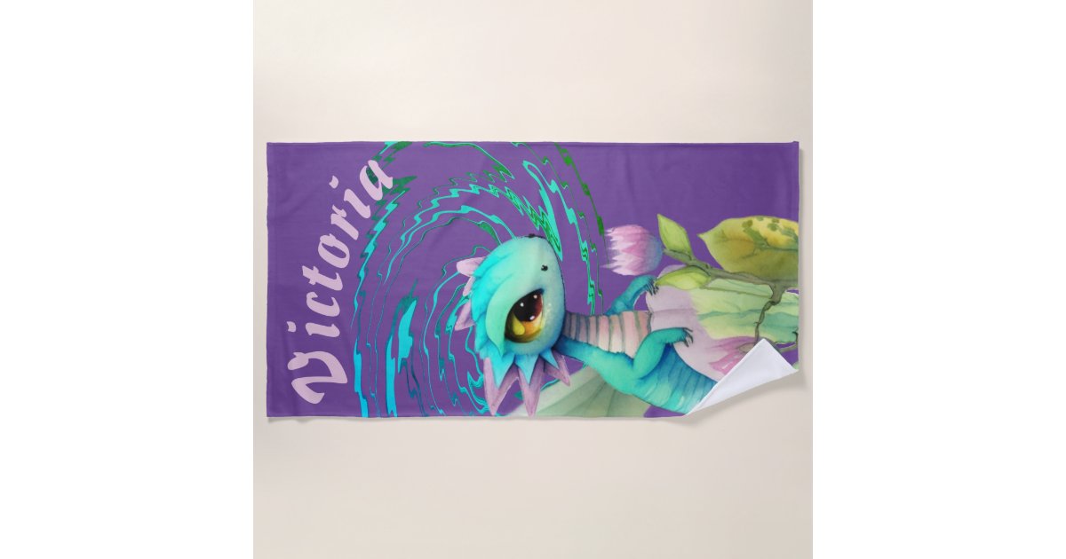 Fantasy Cute Dragon with Flower Cartoon Beach Towel | Zazzle