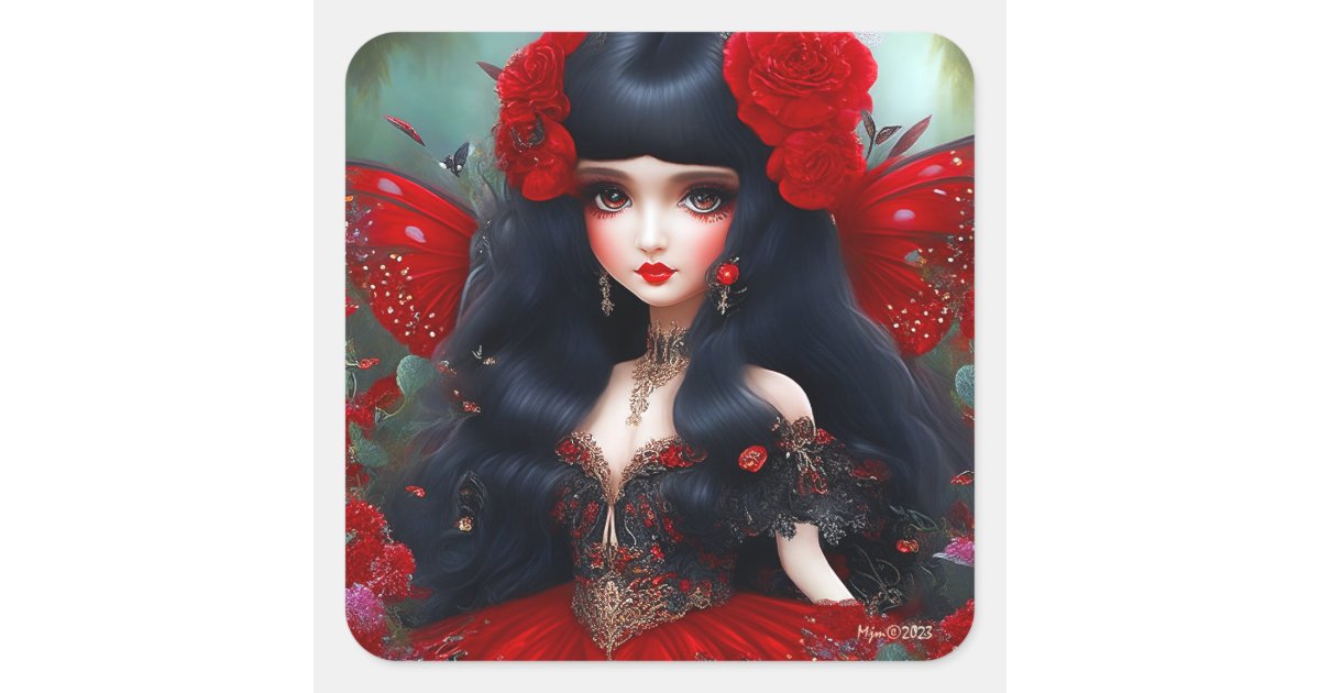 Fantasy Cute Red Fairy Princess Decoupage Square Sticker | Zazzle