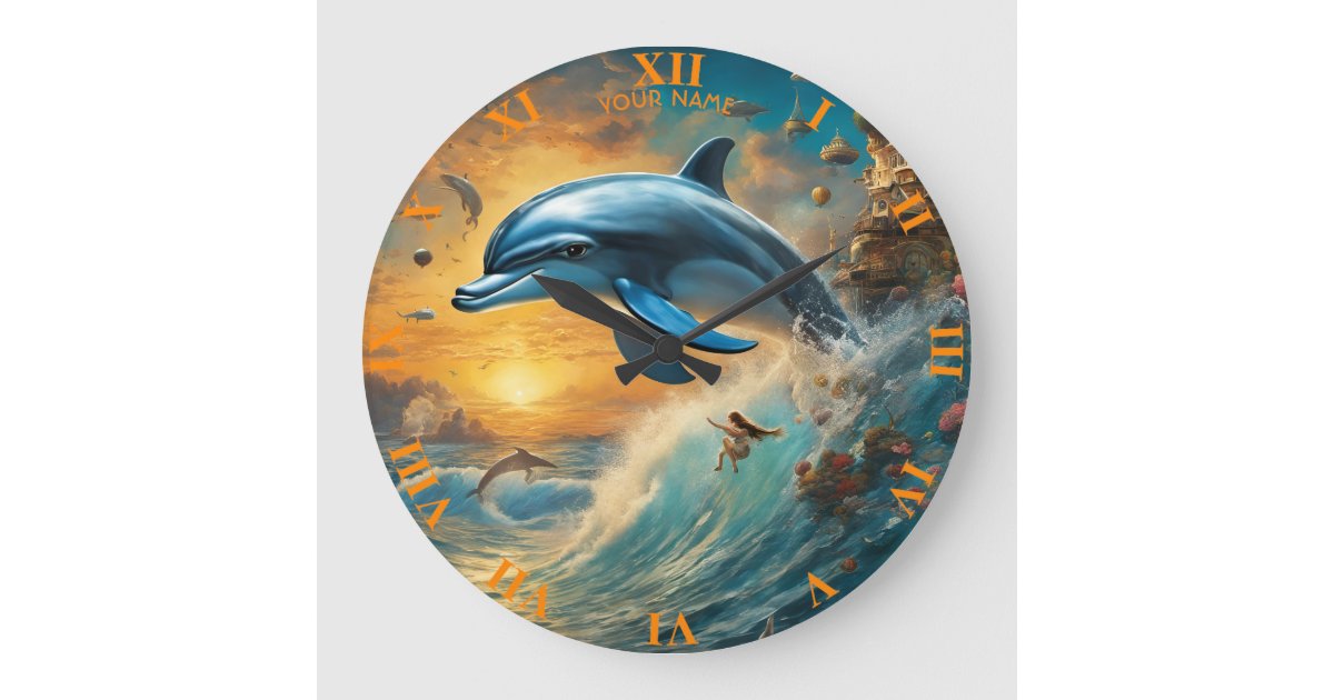Fantasy Cute Vivid Flowers Jumping Dolphin Large Clock | Zazzle