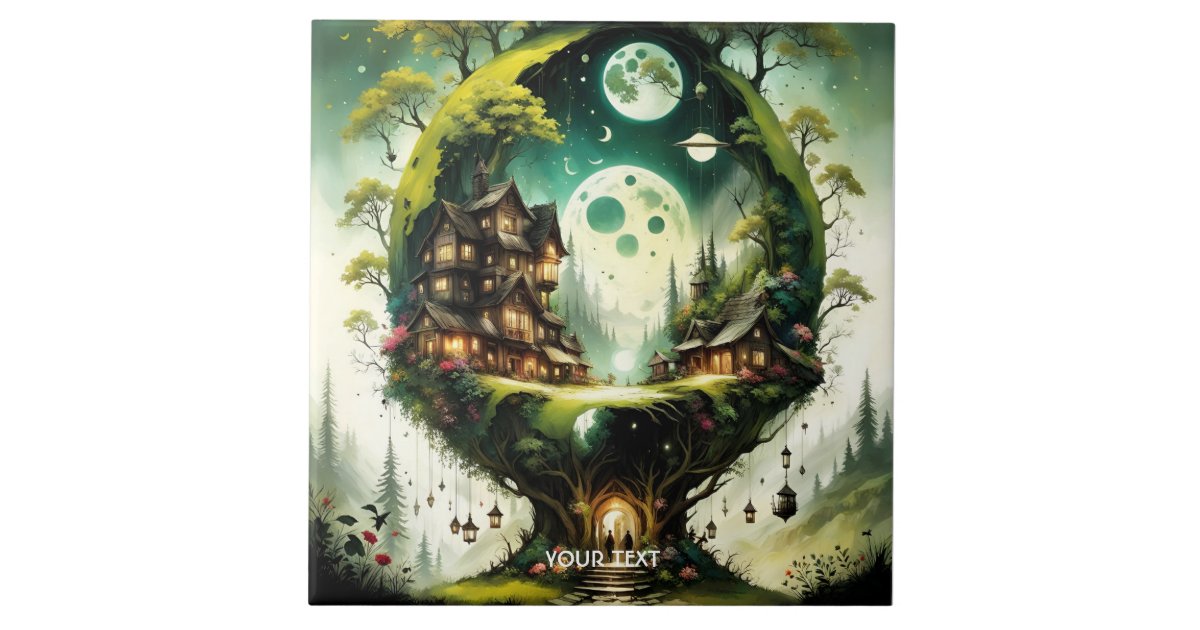 Fantasy Cute Vivid Tree House Moon Ceramic Tile | Zazzle