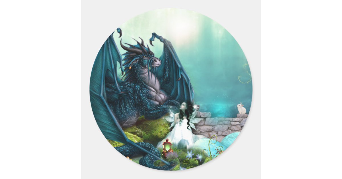 Fantasy Dragon and Fairy Classic Round Sticker | Zazzle