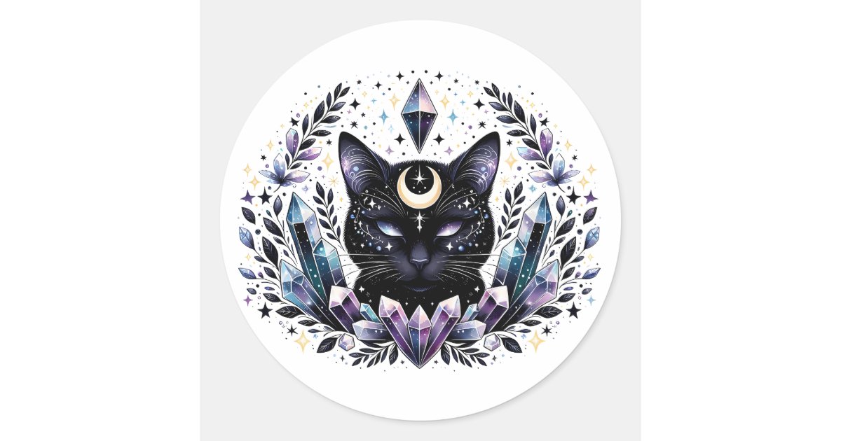 Fantasy Esoteric Crystal Black Cat Classic Round Sticker | Zazzle