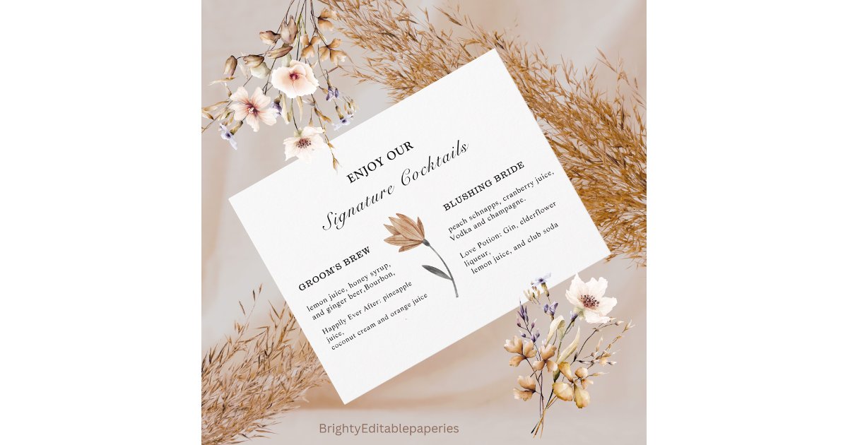 Fantasy Flower Signature Drinks Sign Template | Zazzle