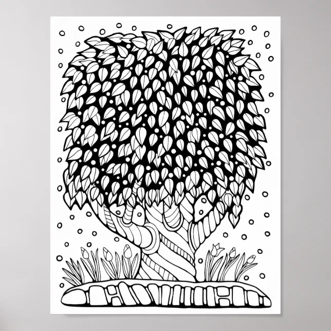 Fantasy Forest Leafy Tree Coloring Page Art Poster | Zazzle