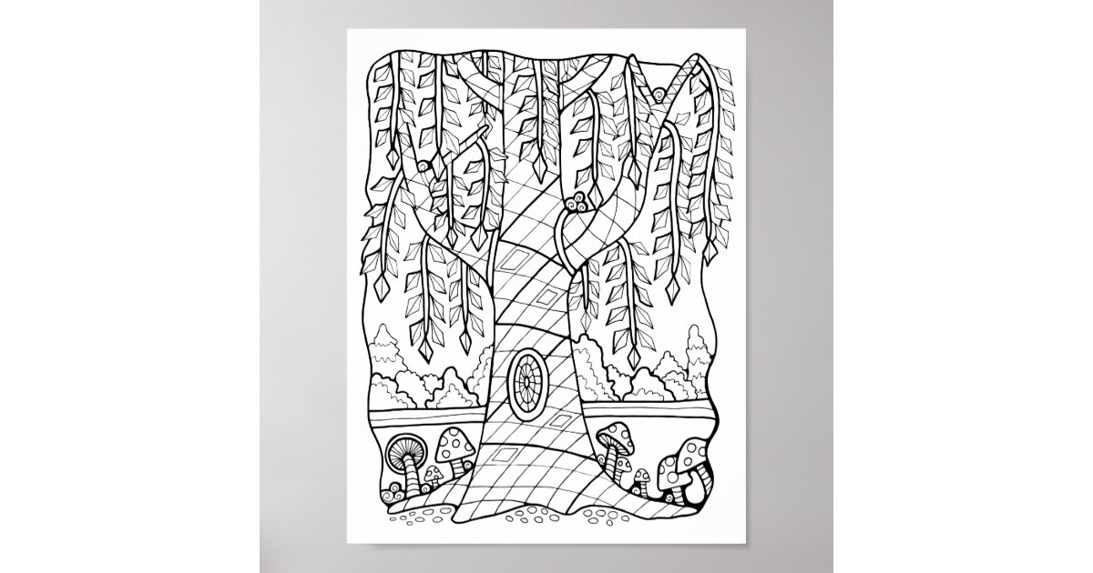 Fantasy Forest Willow Tree Coloring Page Art Poster | Zazzle