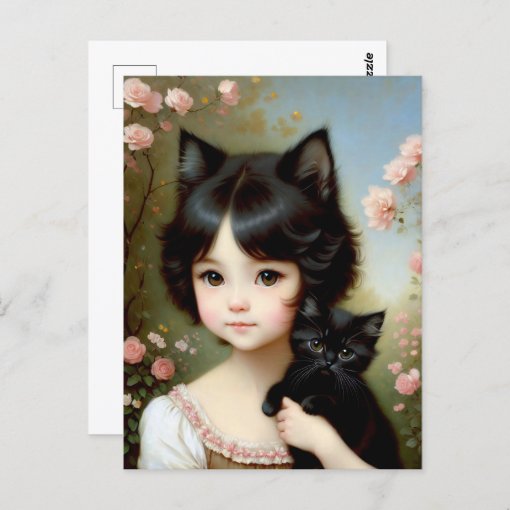 Fantasy Girl with Black Kitten - Vintage Painting Postcard | Zazzle