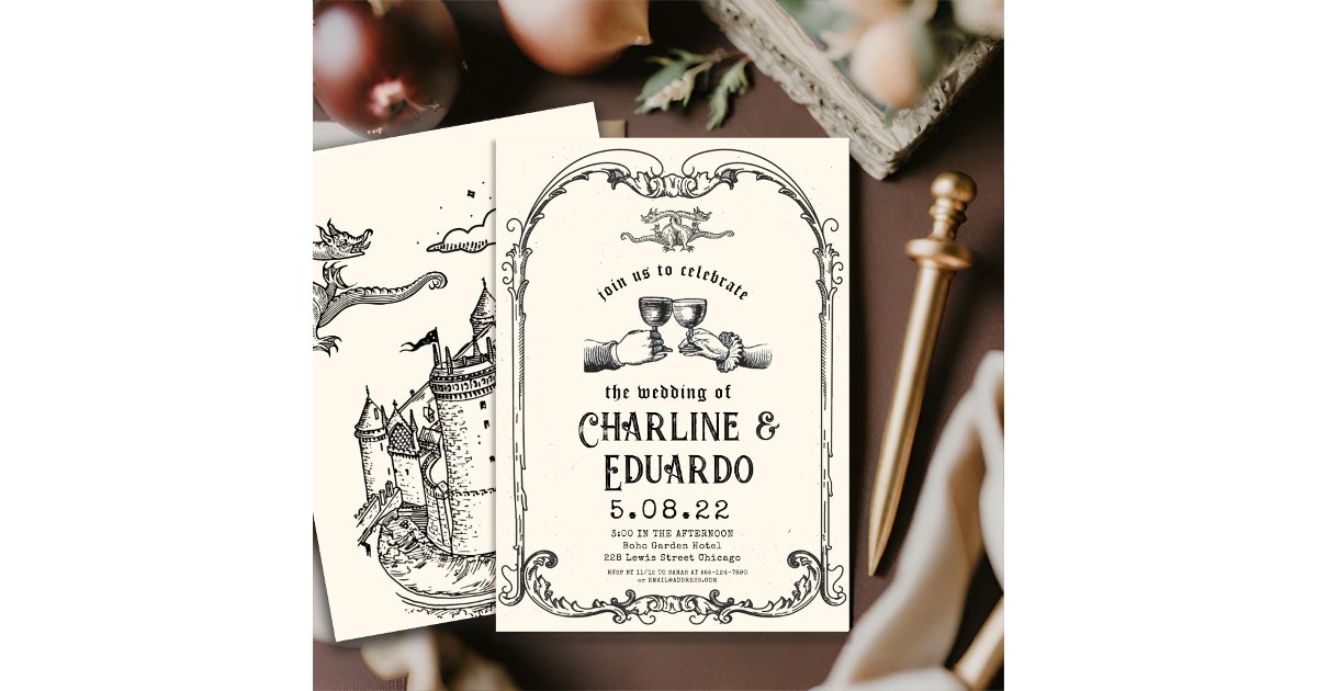 Fantasy Medieval engraving Art Wedding Invitation | Zazzle