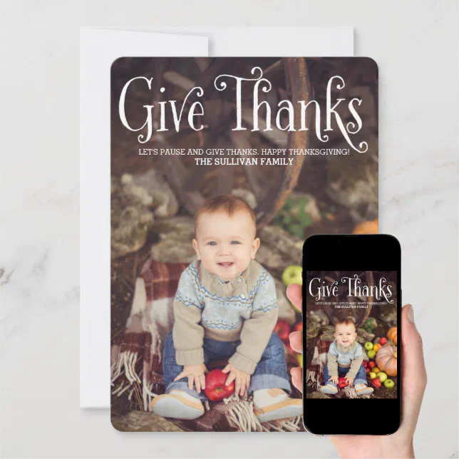 Fantasy Script Give Thanks Thanksgiving Photo Card | Zazzle
