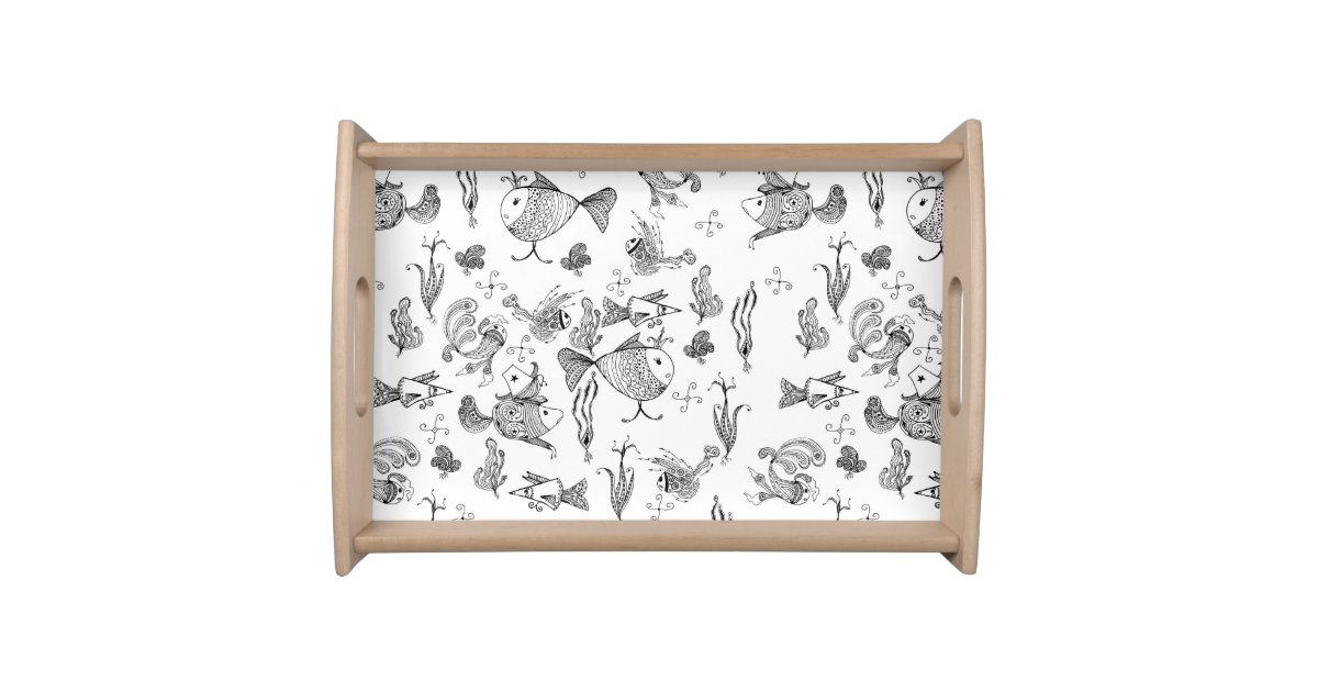 Fantasy sketched fishes creachers plants leaves se serving tray | Zazzle
