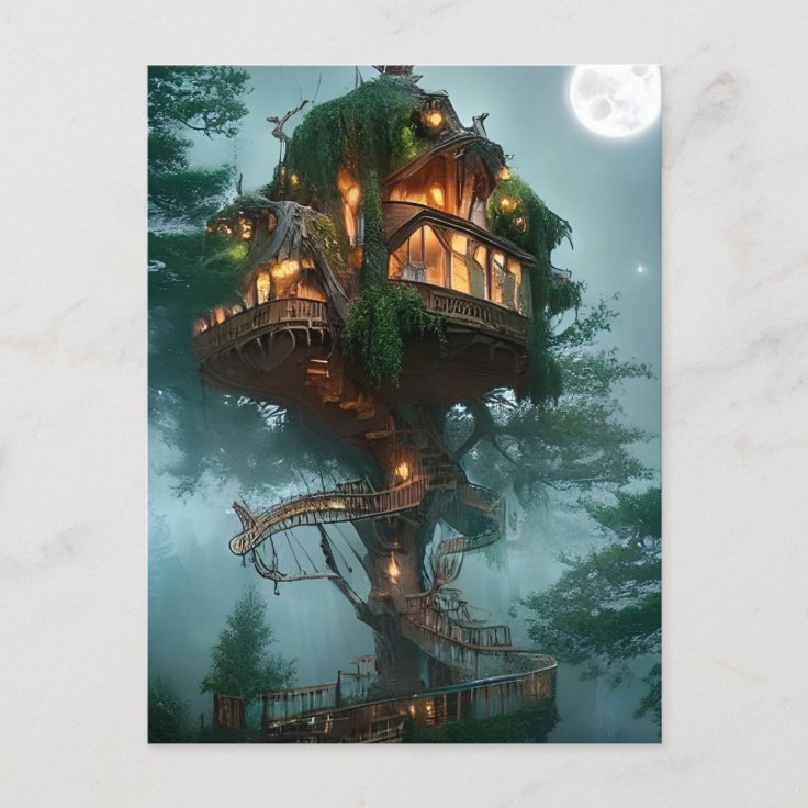 Fantasy Tree House Digital Artwork Postcard | Zazzle