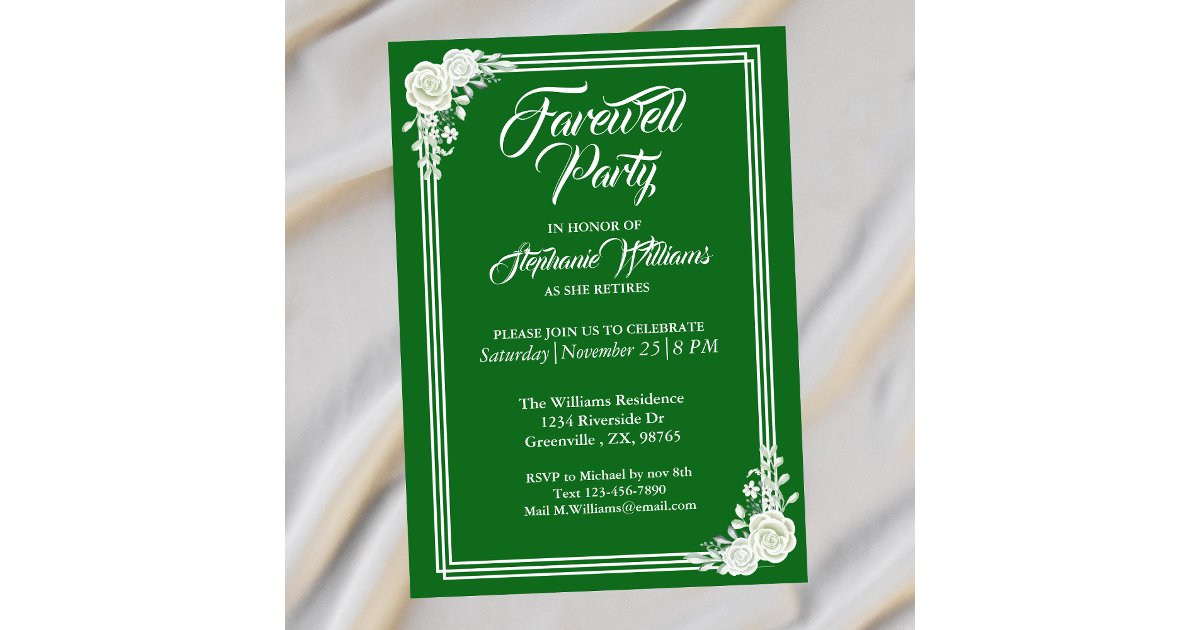 Farewell Elegant Script Green White Rose Party Invitation | Zazzle