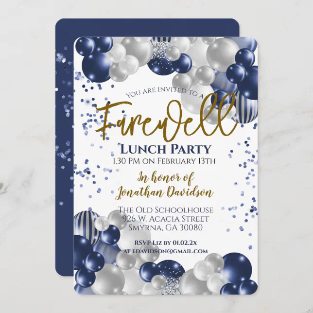 Farewell Goodbye Retirement Blue Silver Gold Invitation | Zazzle