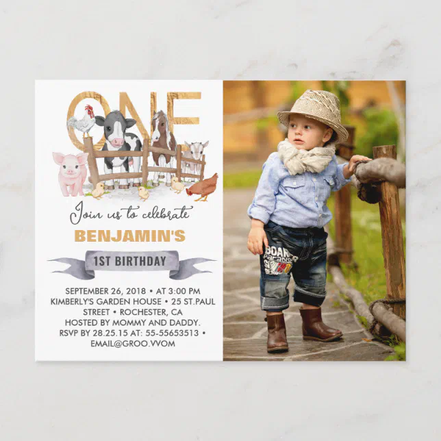 Farm 1st Birthday Barnyard Photo Invitation Postcard | Zazzle