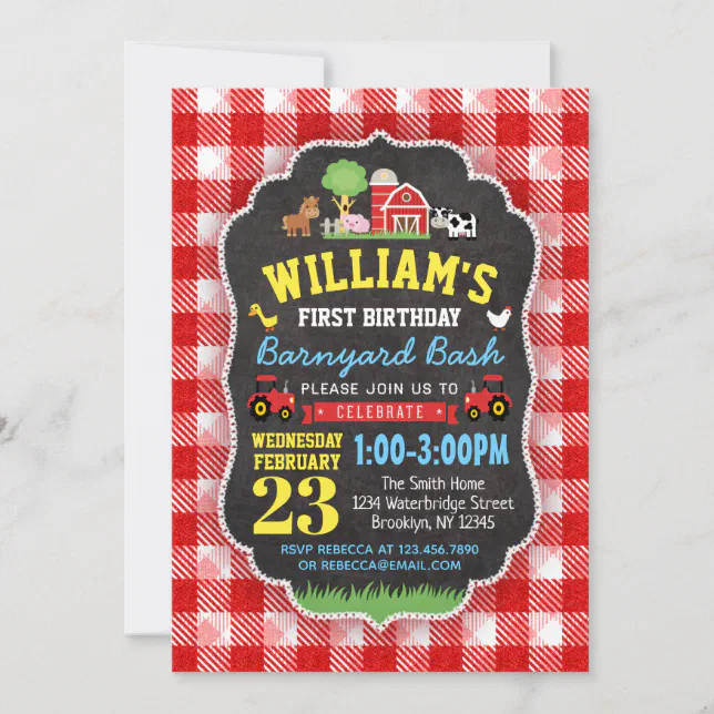 Farm 1st Birthday Invitation Red Tractors Barnyard | Zazzle